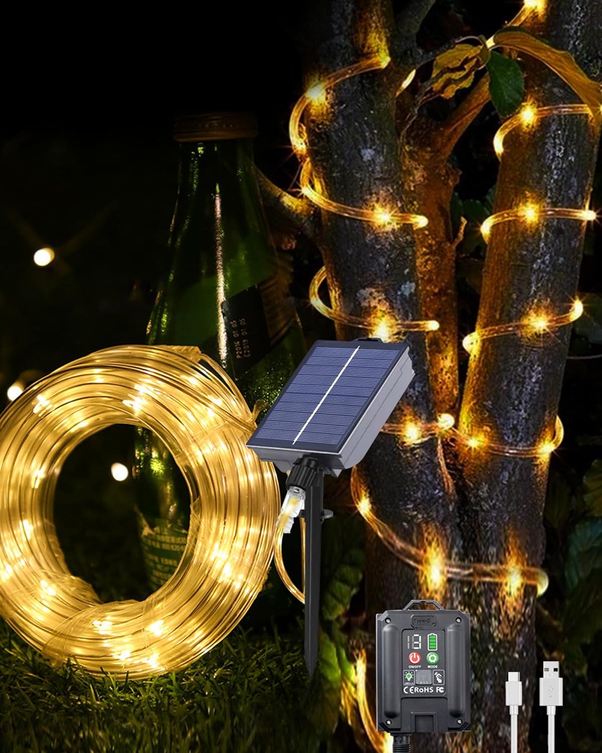 Solar Rope Lights Outdoor Waterproof 66 Feet 200 LED Solar Fairy Lights ...