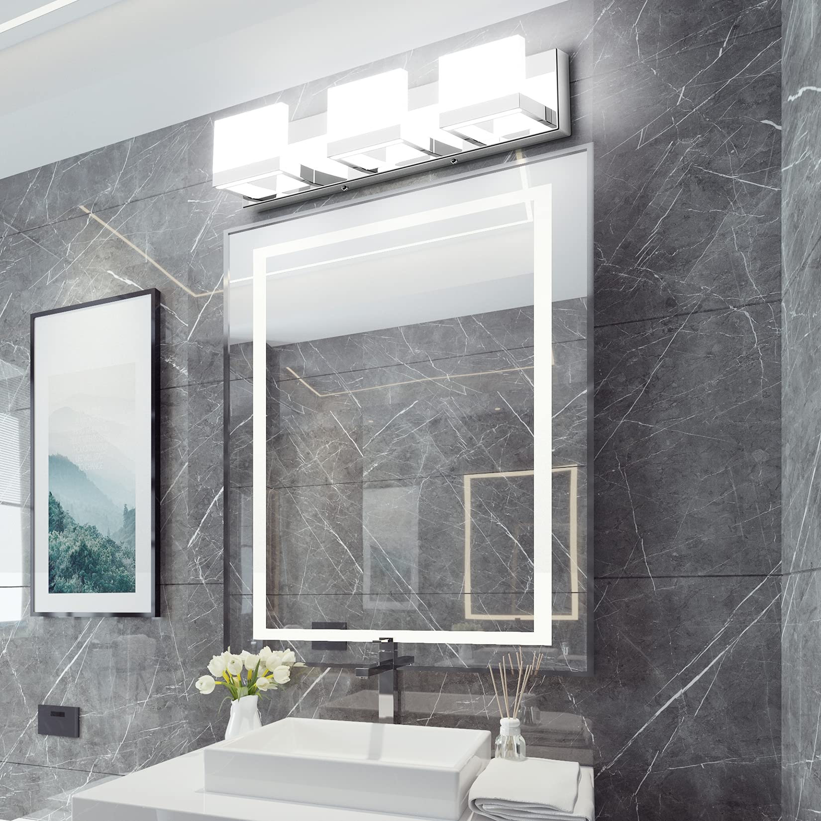 Tipace 3 Lights Dimmable LED Modern Vanity Lights for Bathroom, Chrome ...