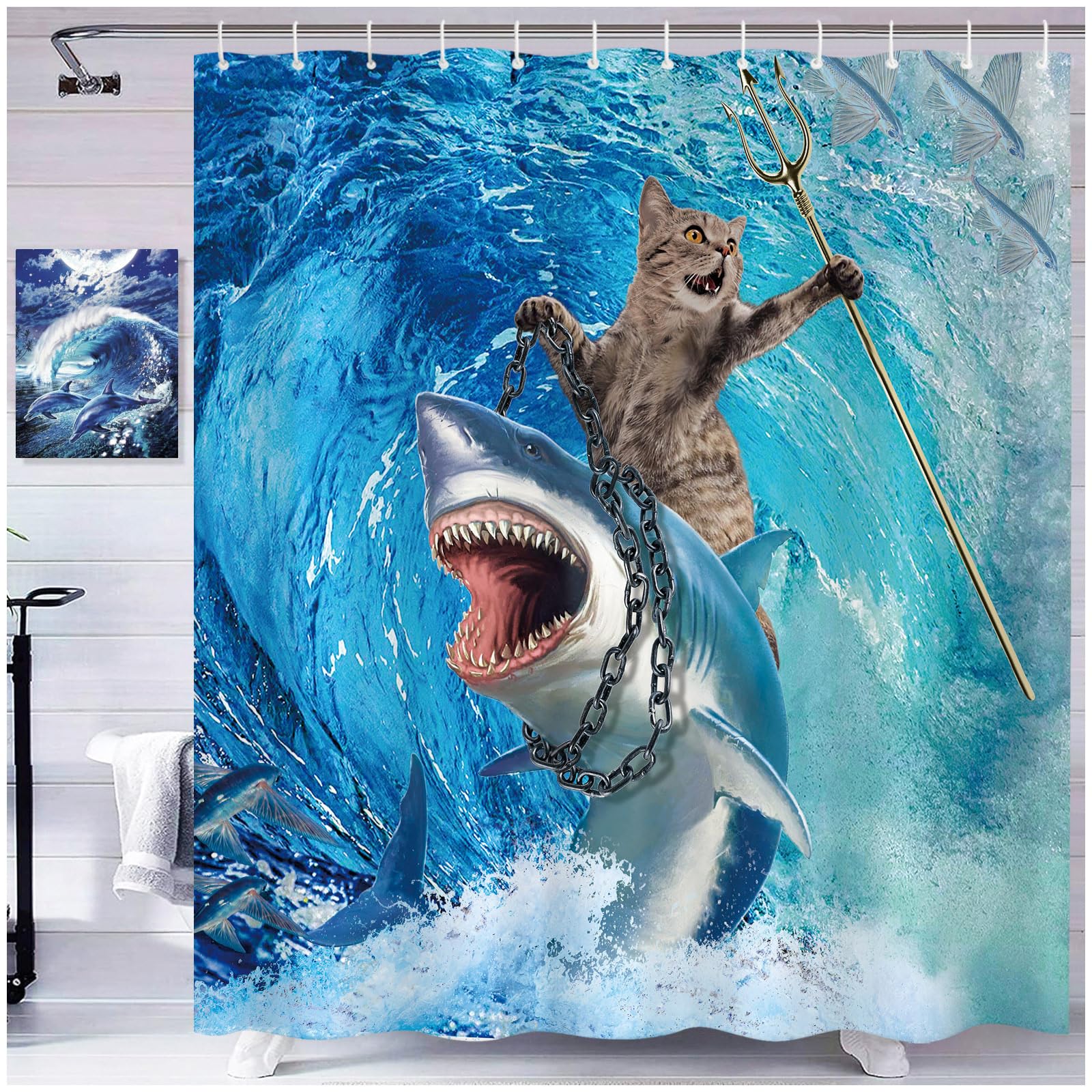 Amazon.com: Cooydilop Funny Shower Curtain Cat Riding Shark Shower ...