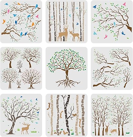 FINGERINSPIRE 9pcs Trees Stencils 20x20cm Aspen Trees/Life Tree Stencil ...
