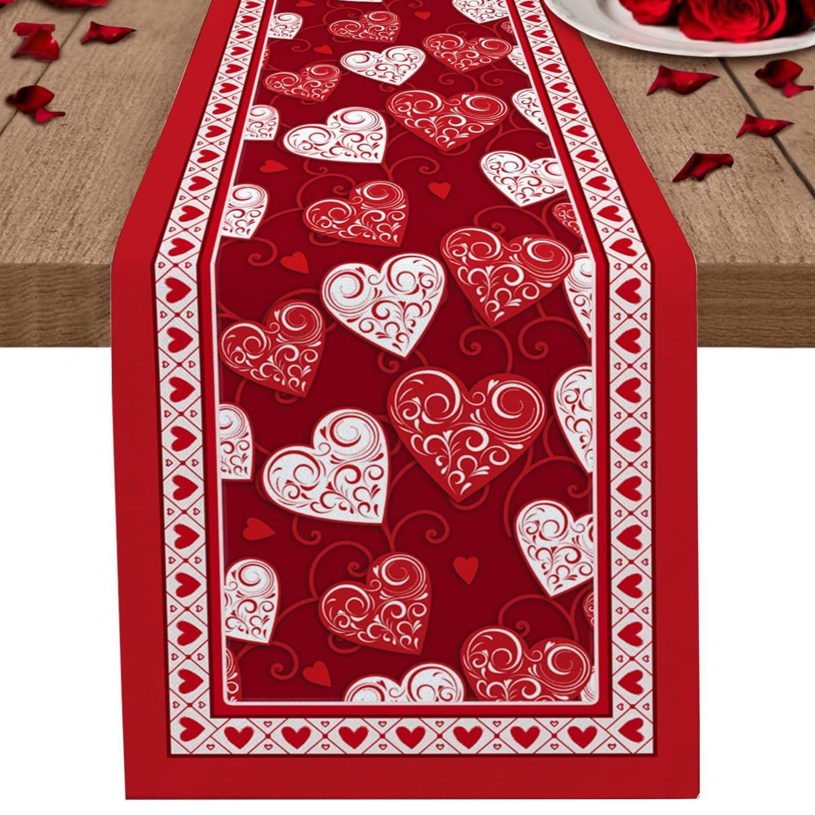 Valentine's Day Table Runner - Heart Illustrated Linen Table Runner ...