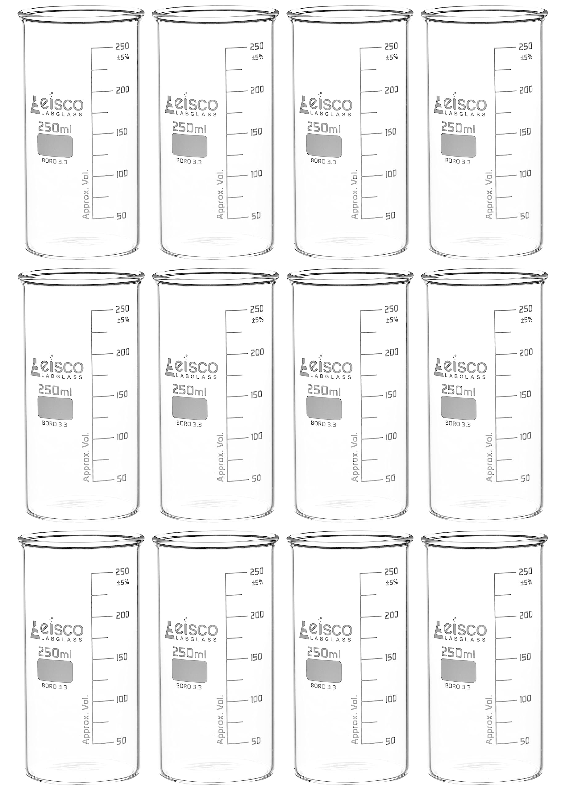 EISCO 12PK Tall Form Beakers Without Spout, 250mL - Graduated ...