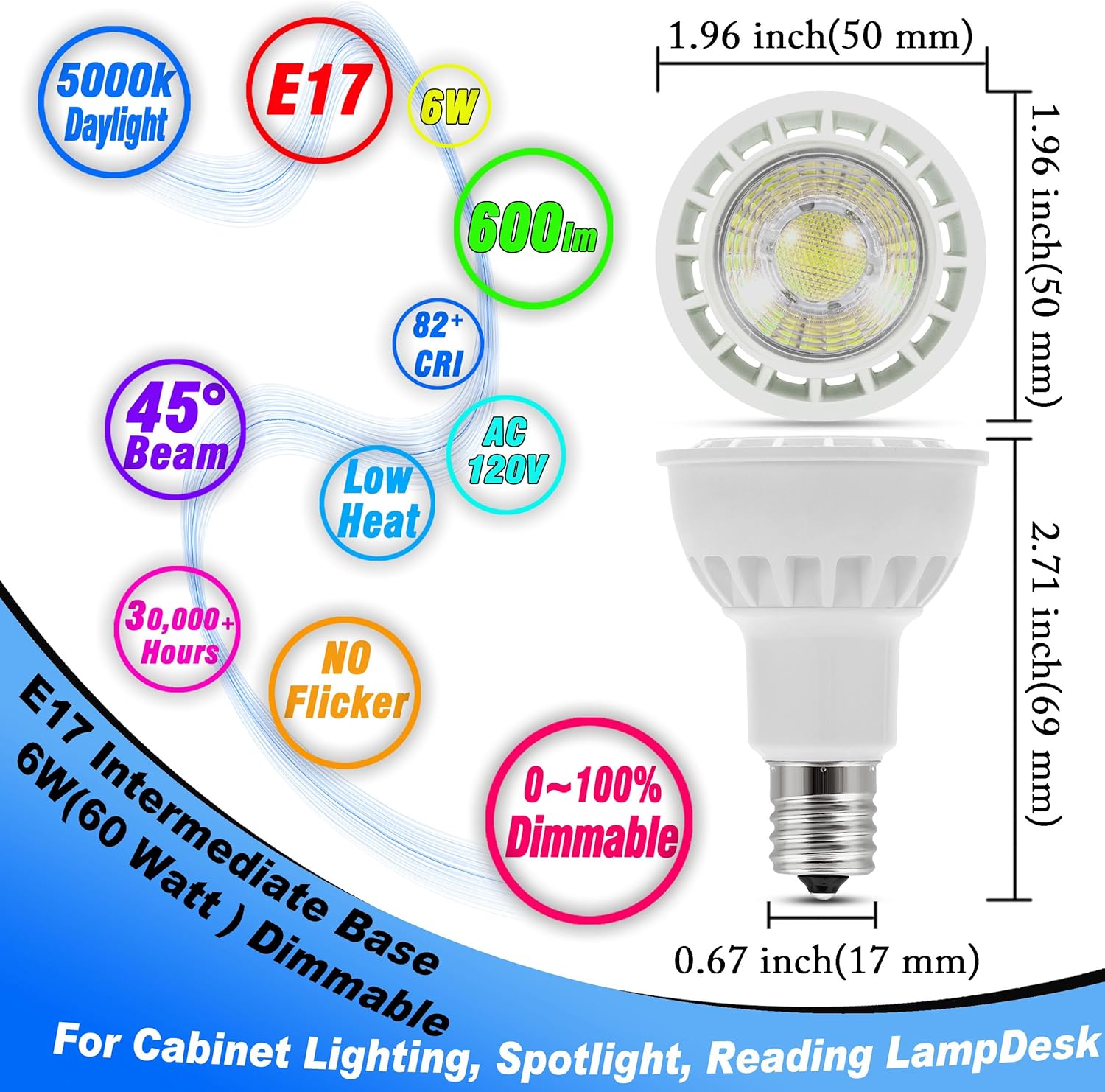 Heifymi Bombilla LED E17 regulable de 6 W (equivalente a 60 vatios) E17 tipo base intermedia R14 ...