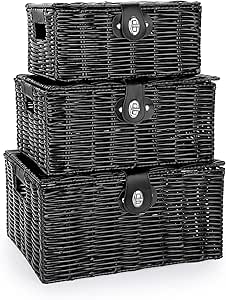 Amazon.com: BTSKY Set of 3 Plastic Woven Baskets with Lids & Handle ...