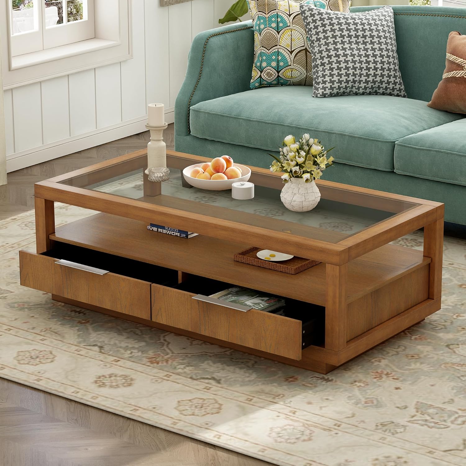 Amazon.com: Linique Modern Wood Coffee Table with 2 Drawers,Transparent ...