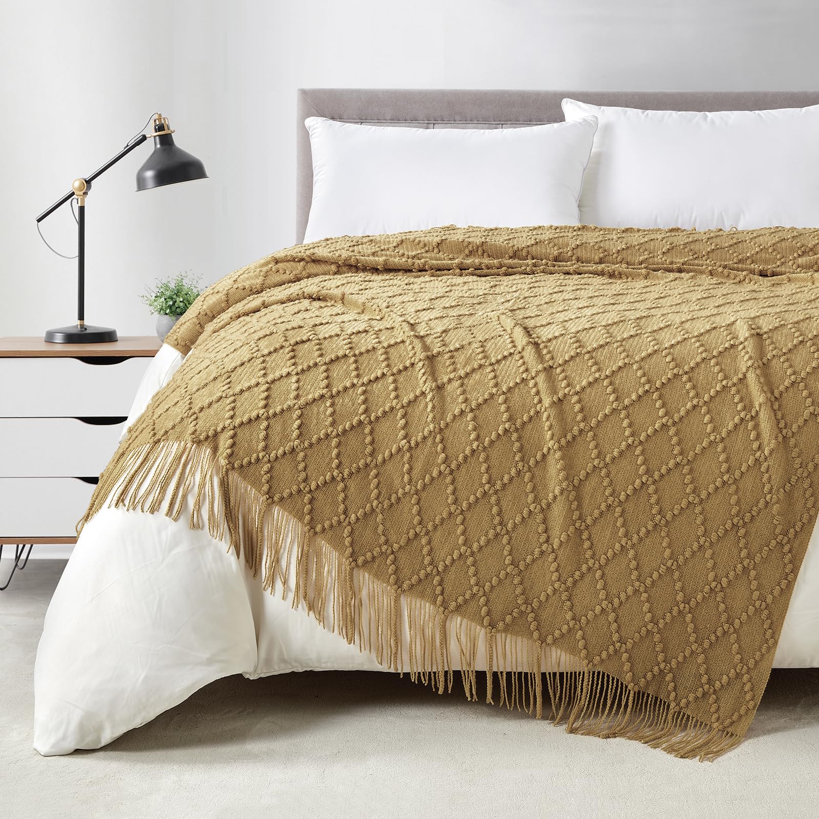 Amazon.com: BOURINA Mustard Throw Blanket 50 x70 Inches Jacquard Argyle ...