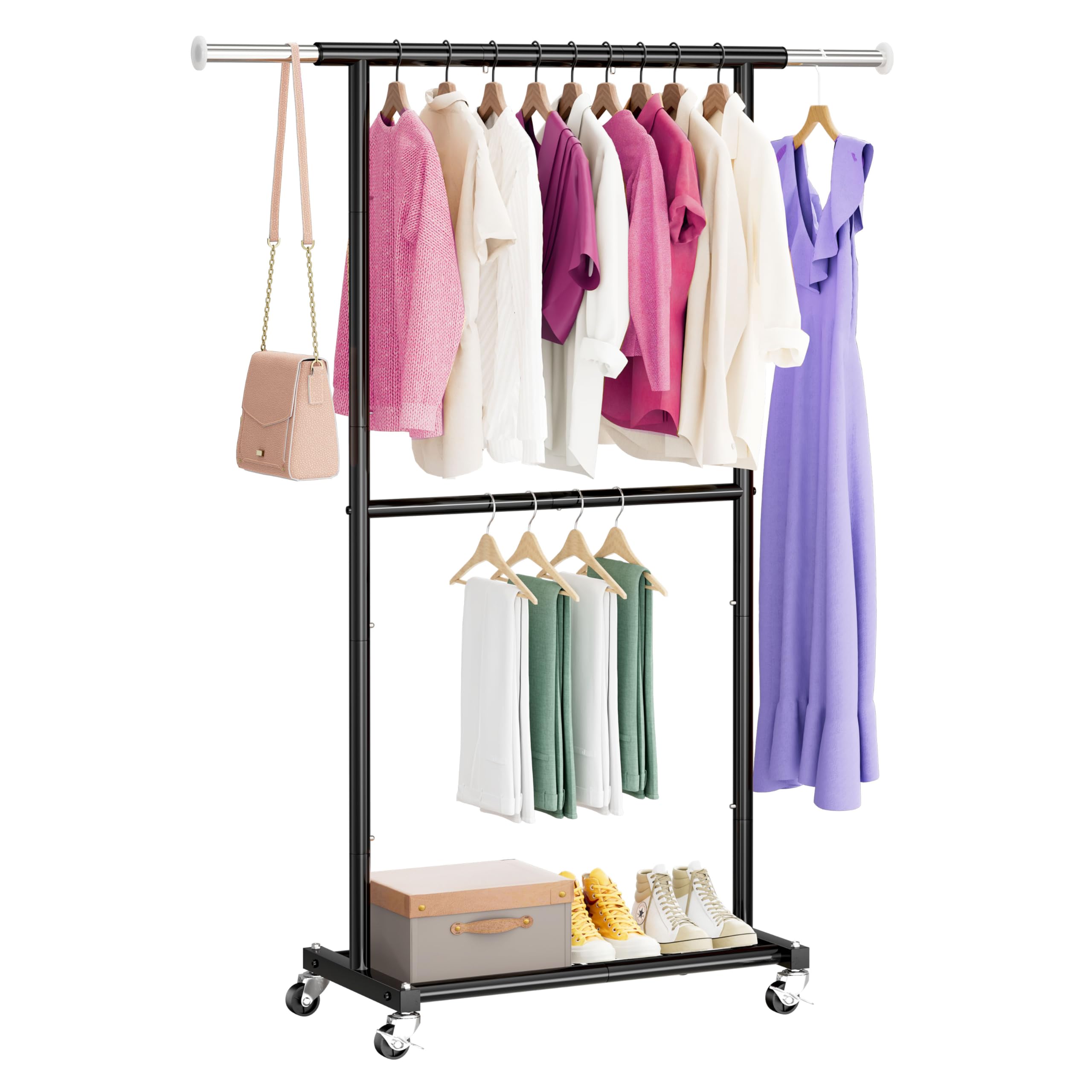 Amazon.com: MWQ Double Rod 50in Long Clothes Garment Rack, Rolling ...