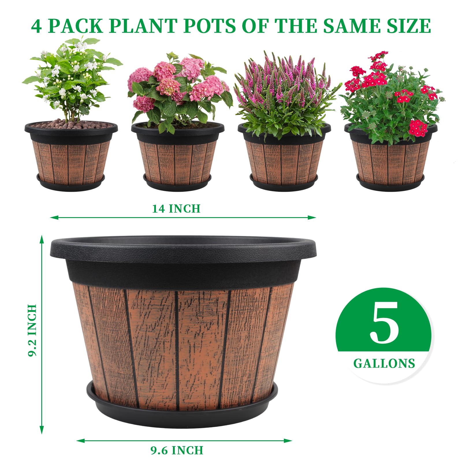 Snapklik.com : Quarut Large 4 Pack 14 Inch Plant Pots,Whiskey Barrel ...