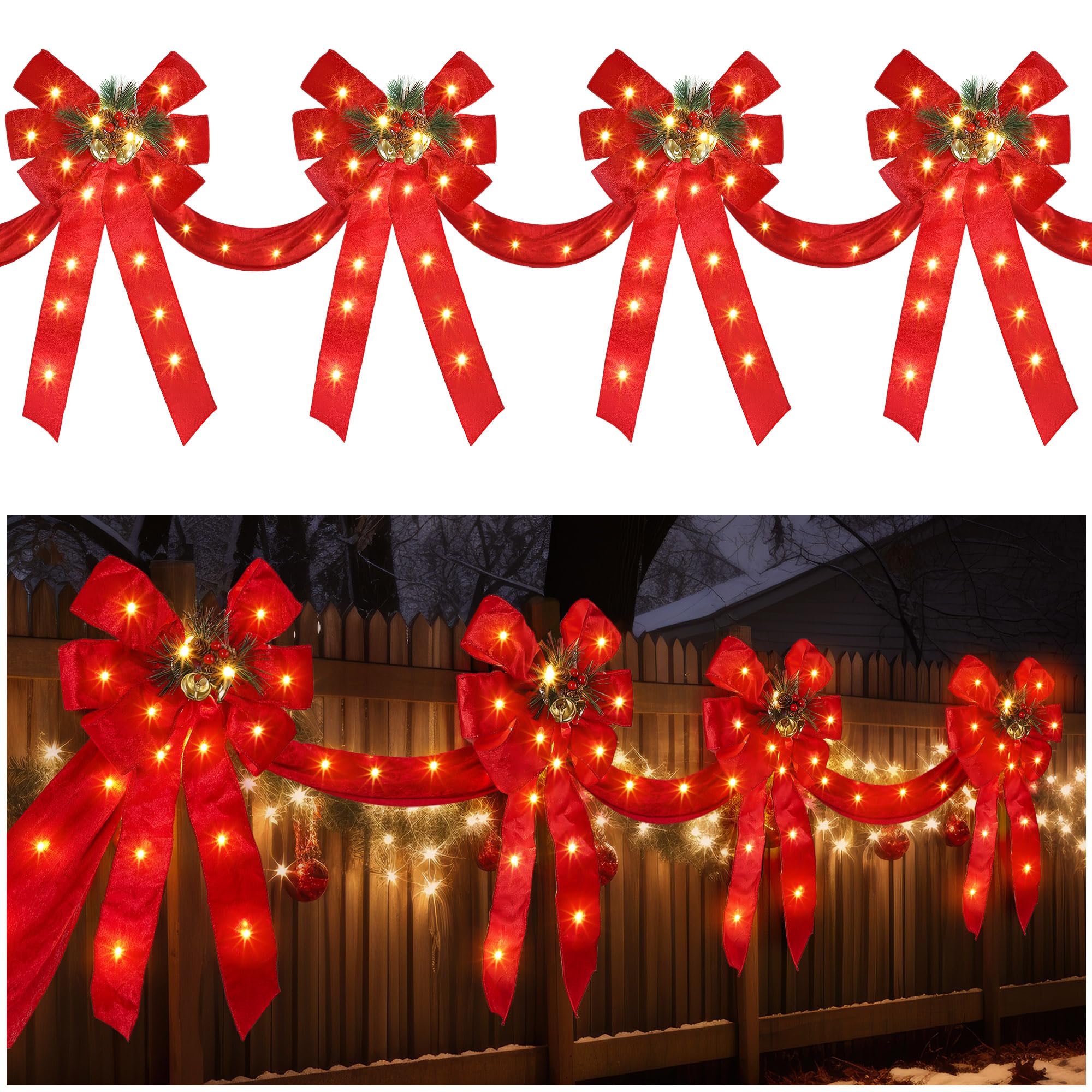 ElectricWise 13 FT Christmas Bows Fence Decoration, 140LED Lighted ...