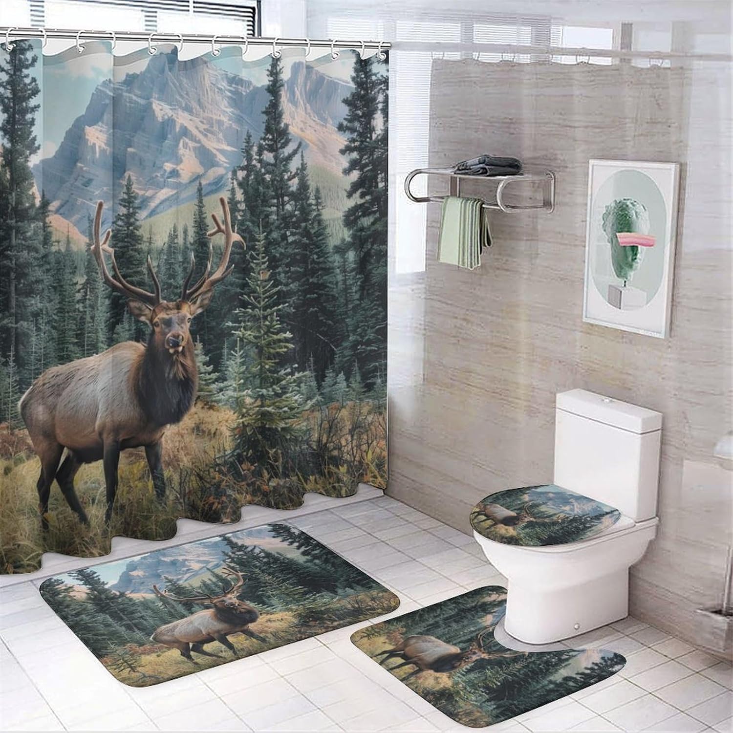 Amazon.com: TOWINSFB 4Pcs Nature Forest Elk Shower Curtain Sets ...