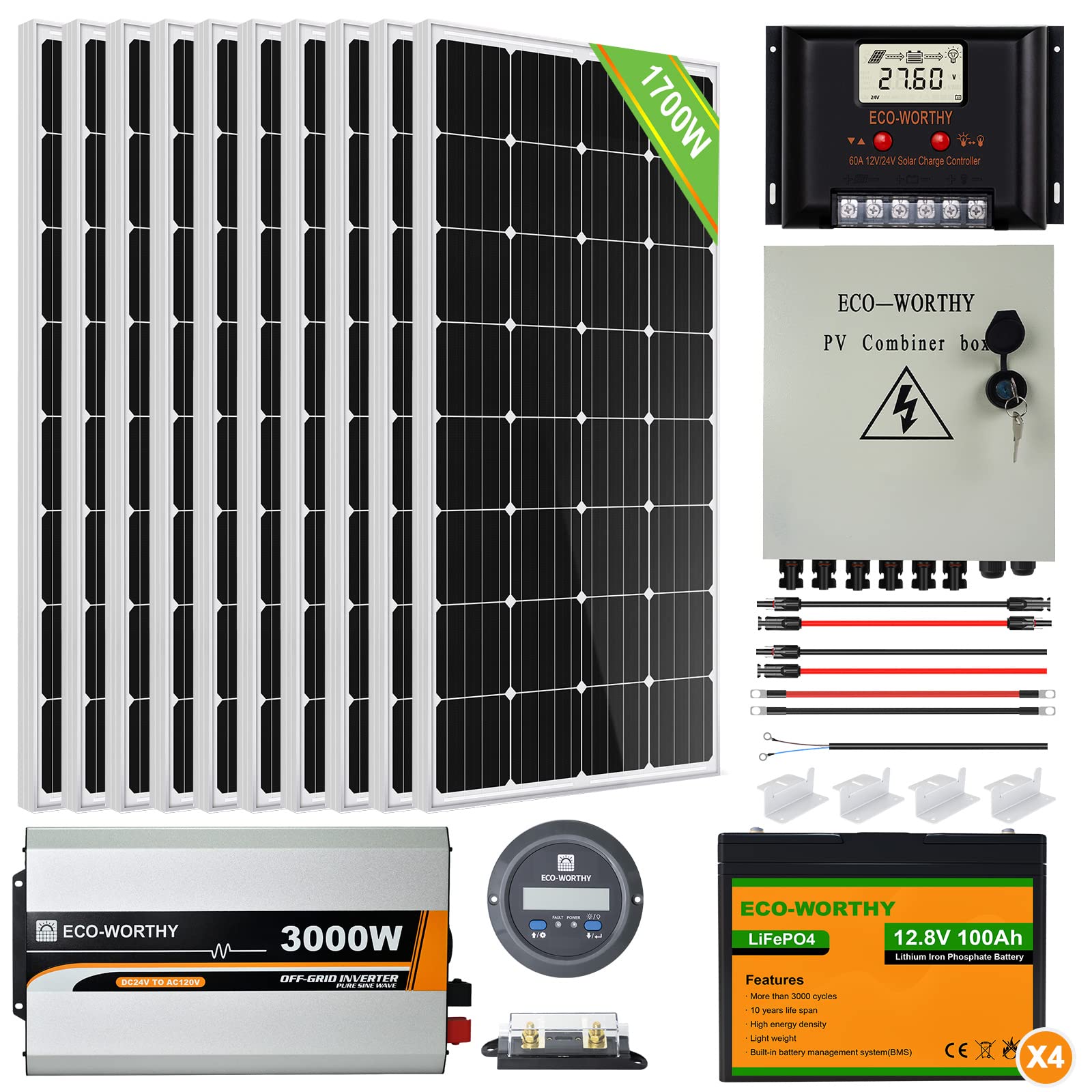 Buy ECO-WORTHY 1700W 24V Complete Solar Power System for Home: 10pcs ...