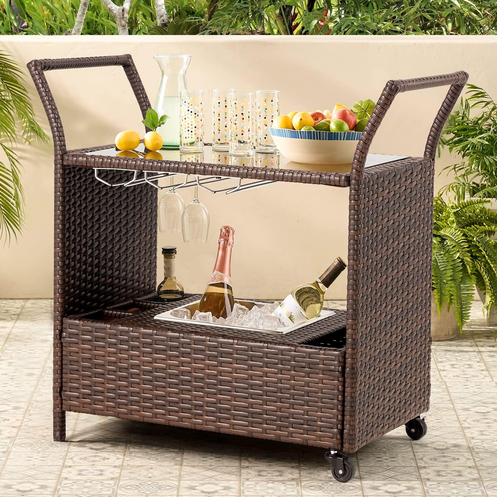 Amazon.com: Best Choice Products Outdoor Rolling Wicker Bar Cart w ...