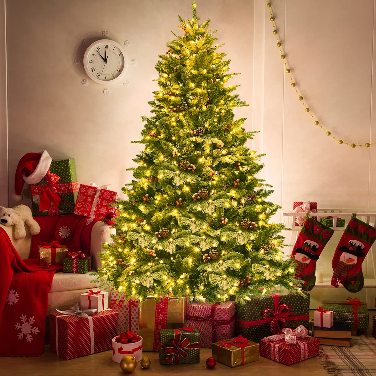 Amazon.com: Goplus 6.5ft Pre-Lit Snow Flocked Christmas Tree ...