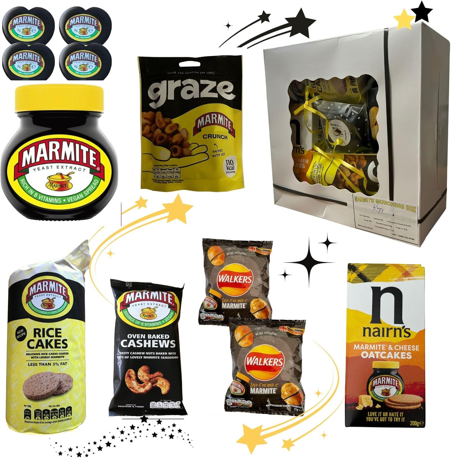 Snacking Gift Box full of Marmite products. Marmite Spread, Cashews ...