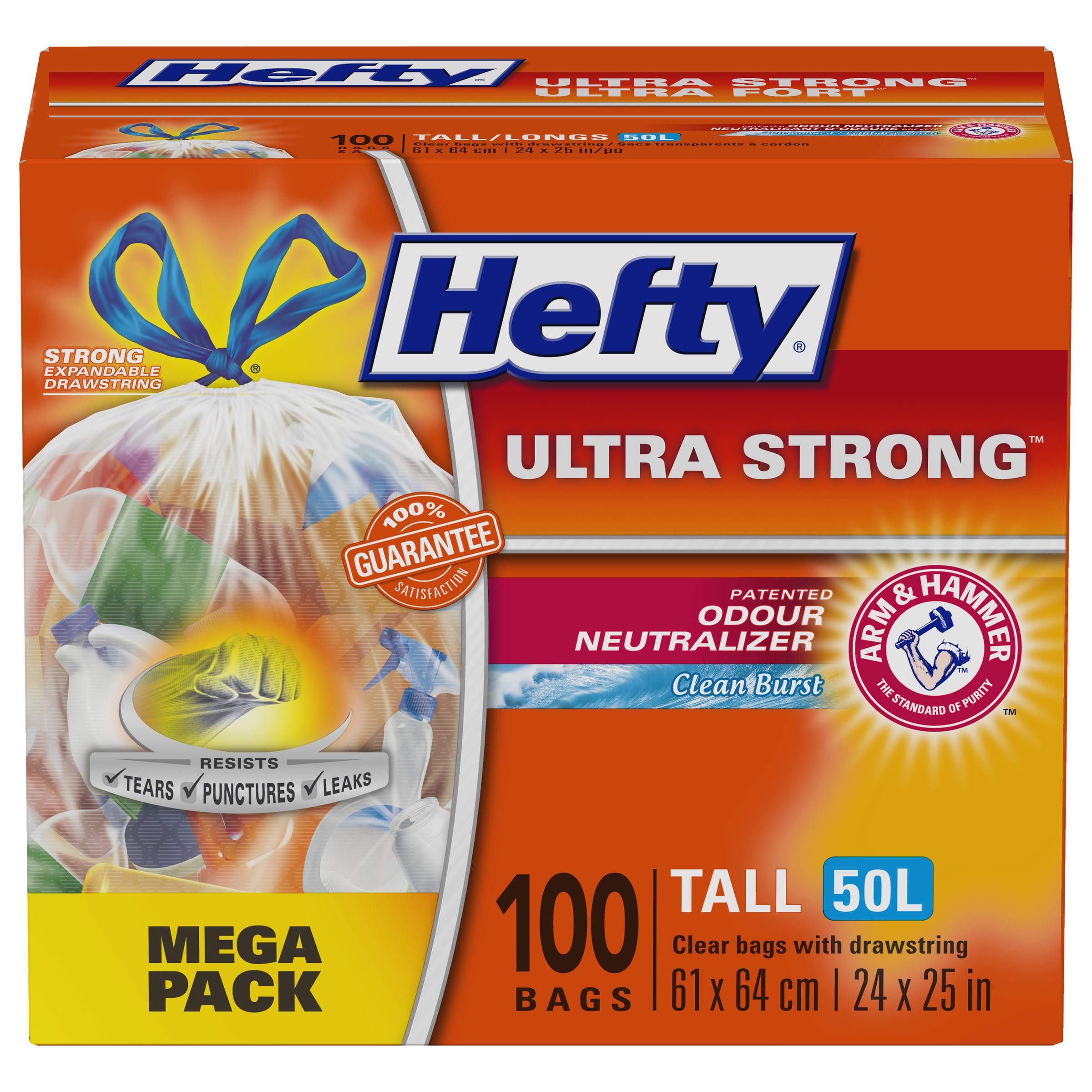 Hefty® Ultra Strong 100ct Clear Garbage Bags Tall 50 L, Drawstring, Arm ...