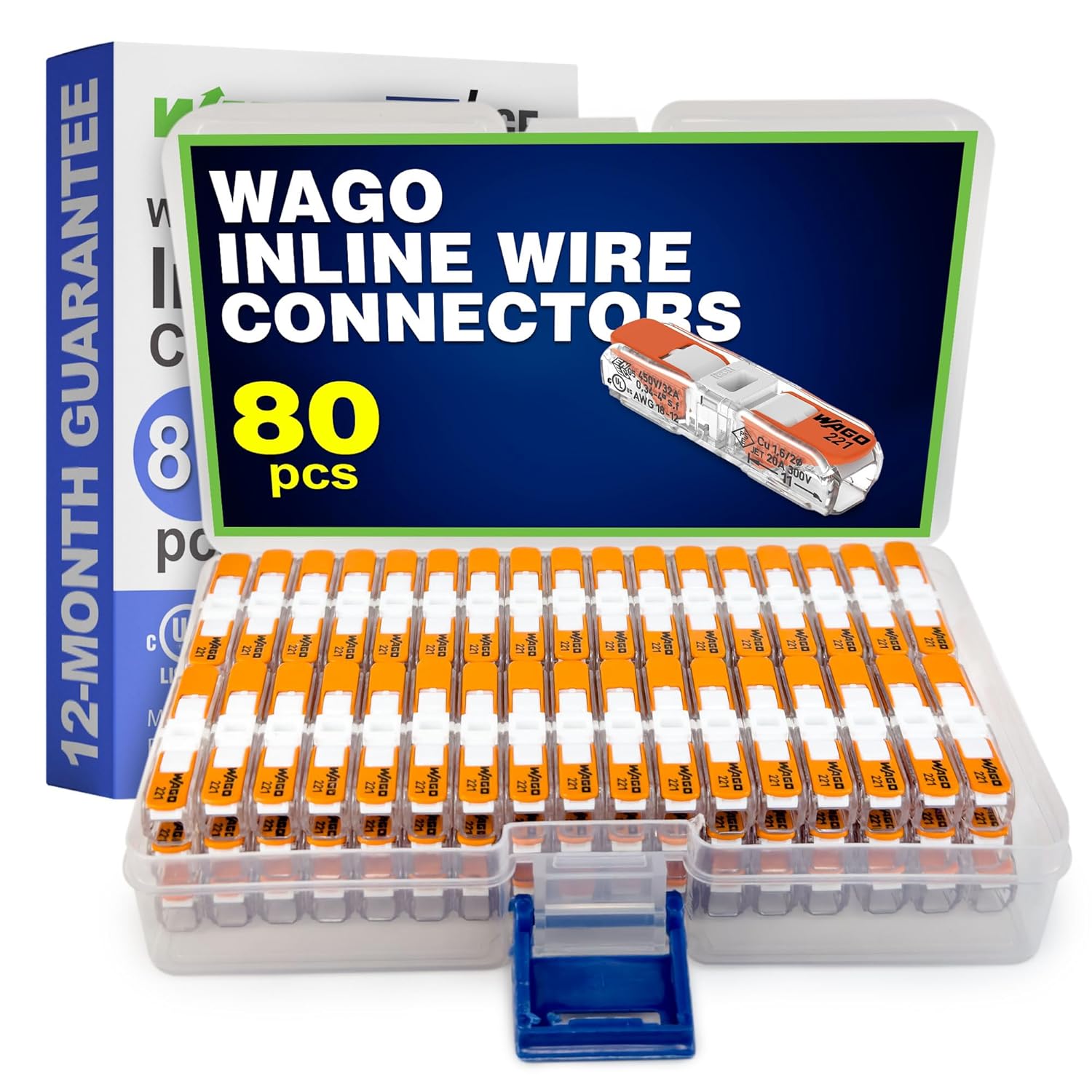 WAGO 221-2401 80pc Inline Compact Splicing Wire Connectors | Includes 80pc 221-2401 (2 Conductor ...