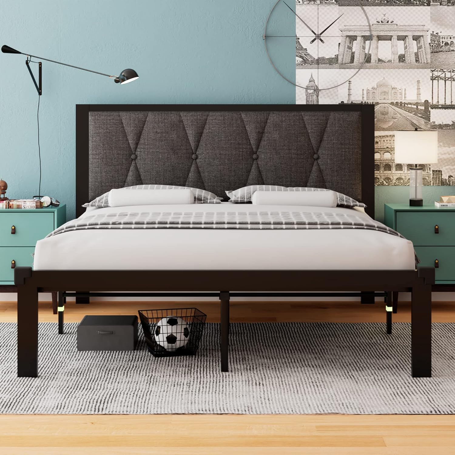 Amazon.com: Feonase Metal Queen Bed Frame with Upholstered Fabric ...