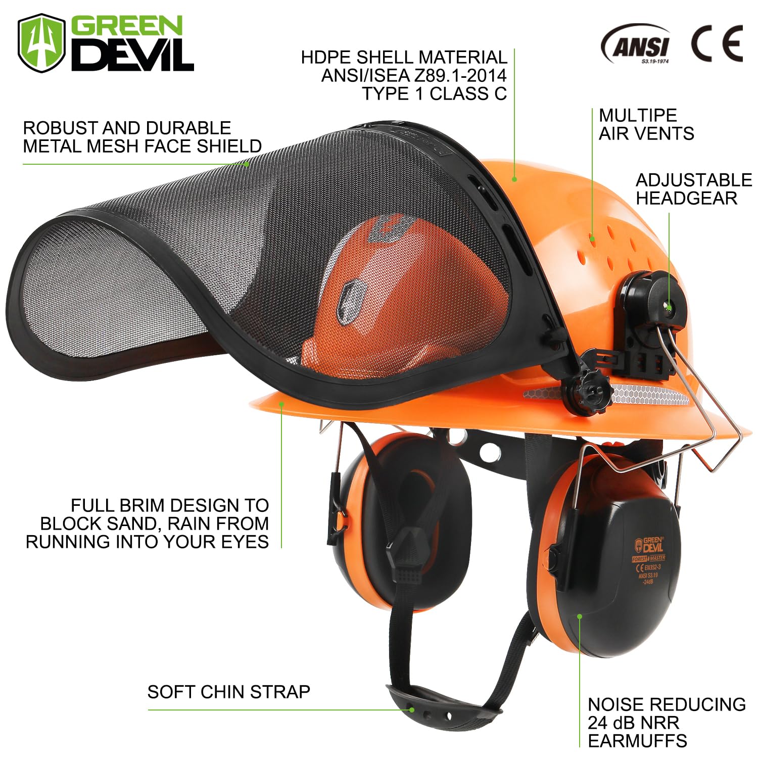 GREEN DEVIL Chinsaw Helmet Full Brim Style Arborist Helmet Ventd ...