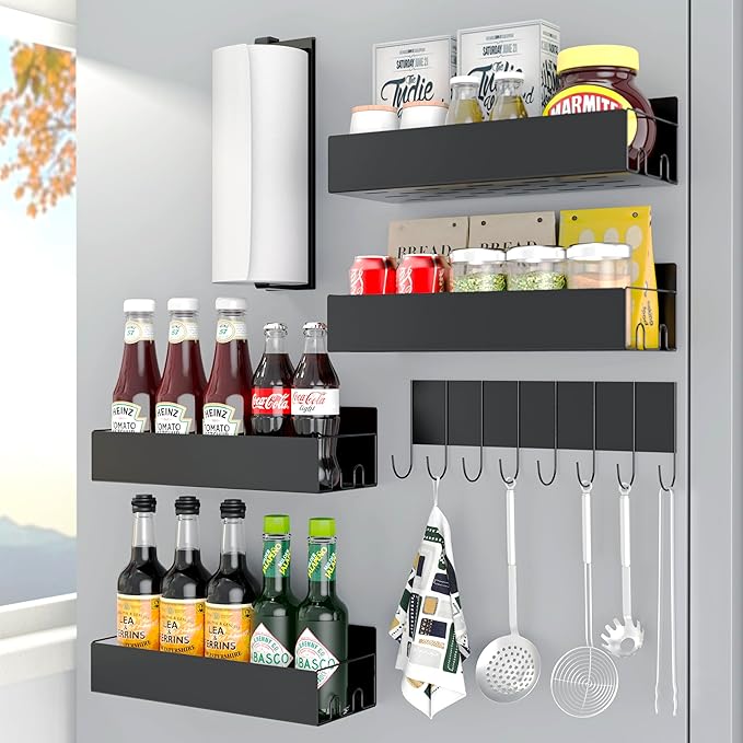 Bridgify Magnetic Spice Rack for Refrigerator, Black Metal Space Saving ...
