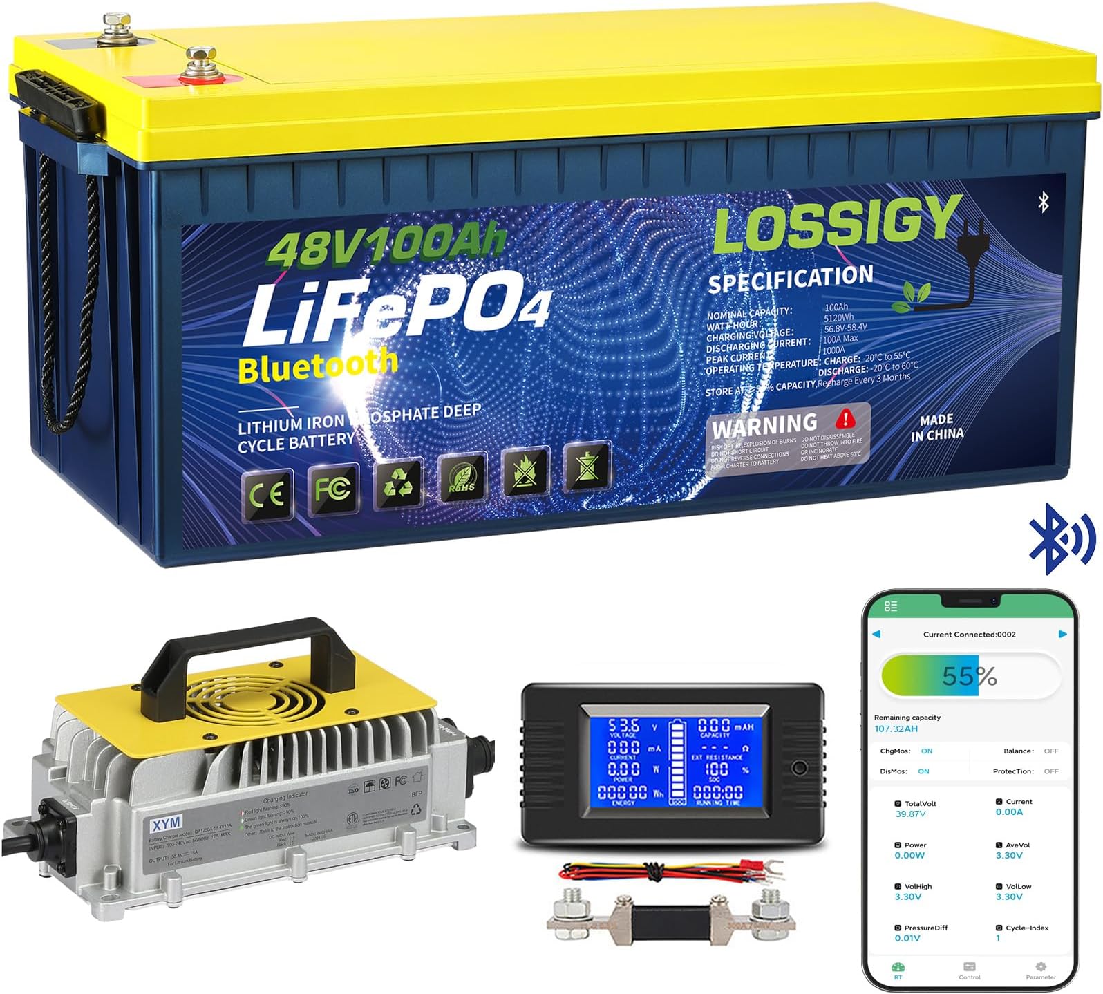 Amazon.com: LOSSIGY 48V 100AH Golf Cart Lifepo4 Battery with 48 volt ...