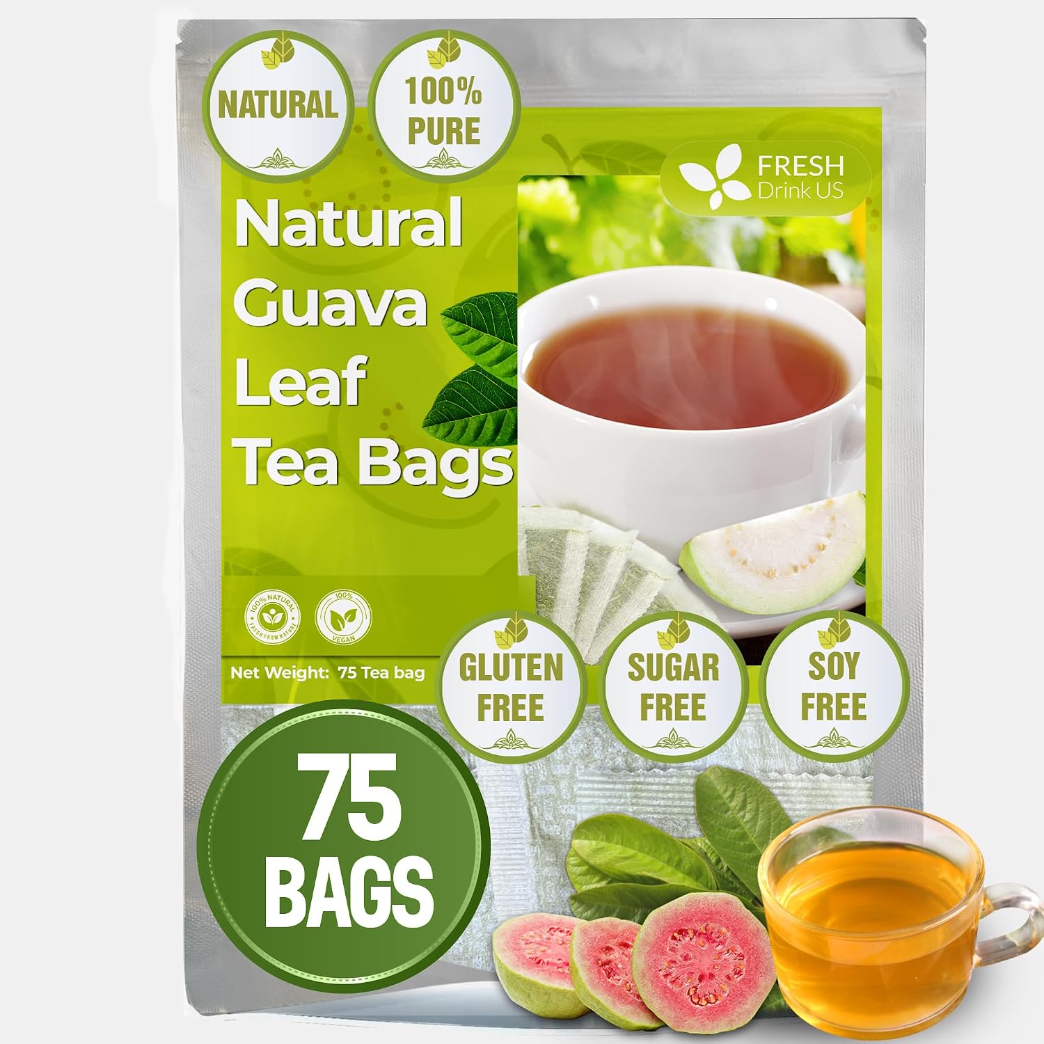 Amazon.com : FRESHDRINKUS 75 Guava Leaf Tea Bags, 100 Percent Natural ...