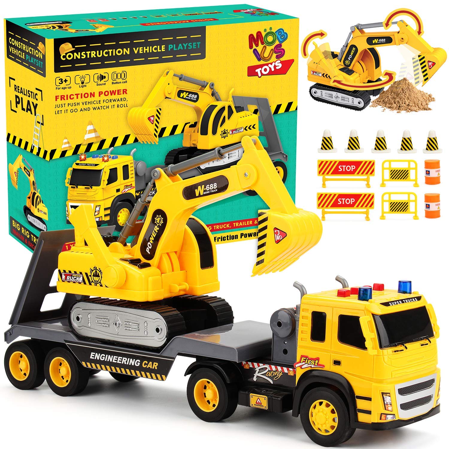 Flatbed Truck w/Excavator Tractor - 1:12 Scale Large Size Toys - Push ...