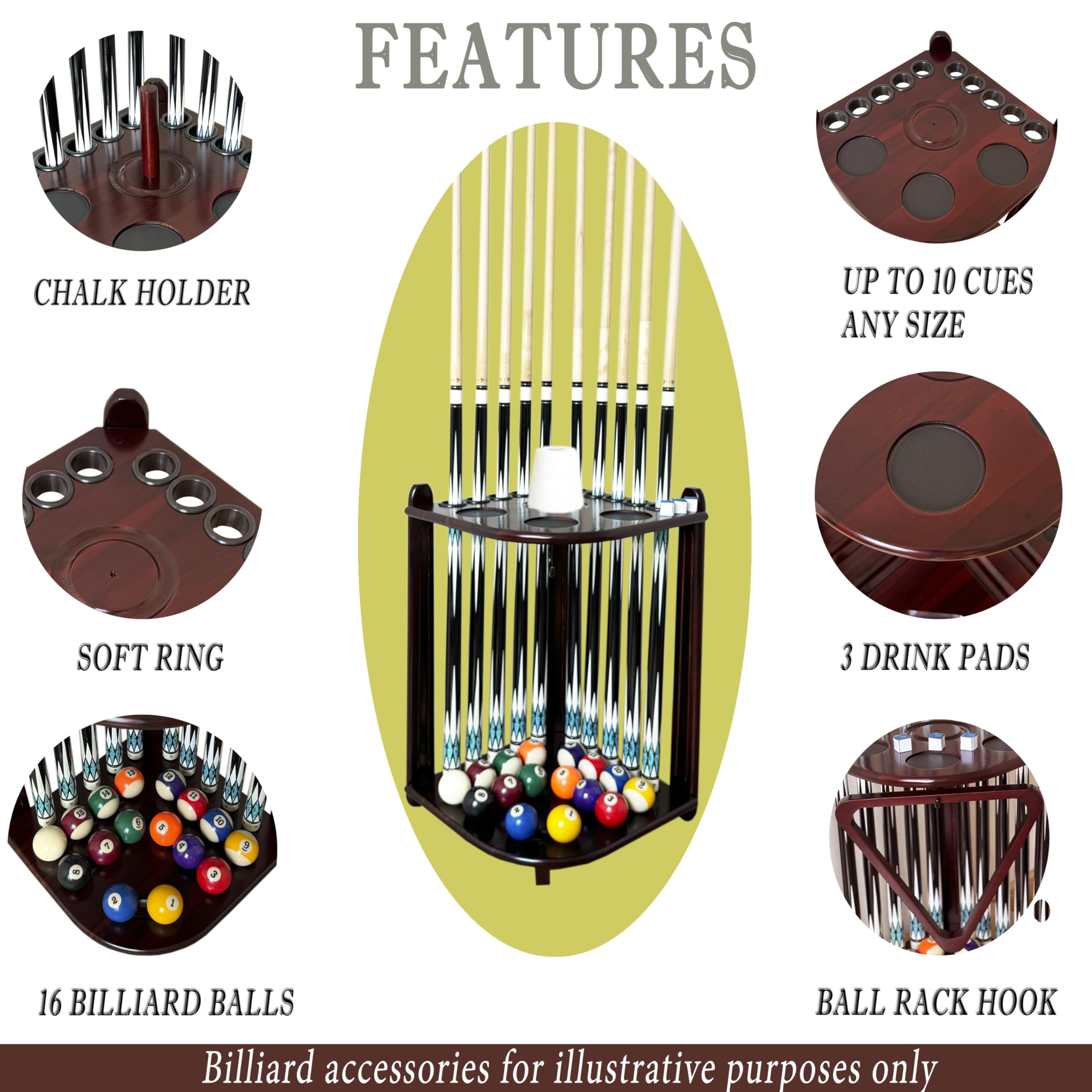 Snapklik.com : GACCO BILLIARDS Corner Pool Cue Holder Rack Hold 10 Cue ...