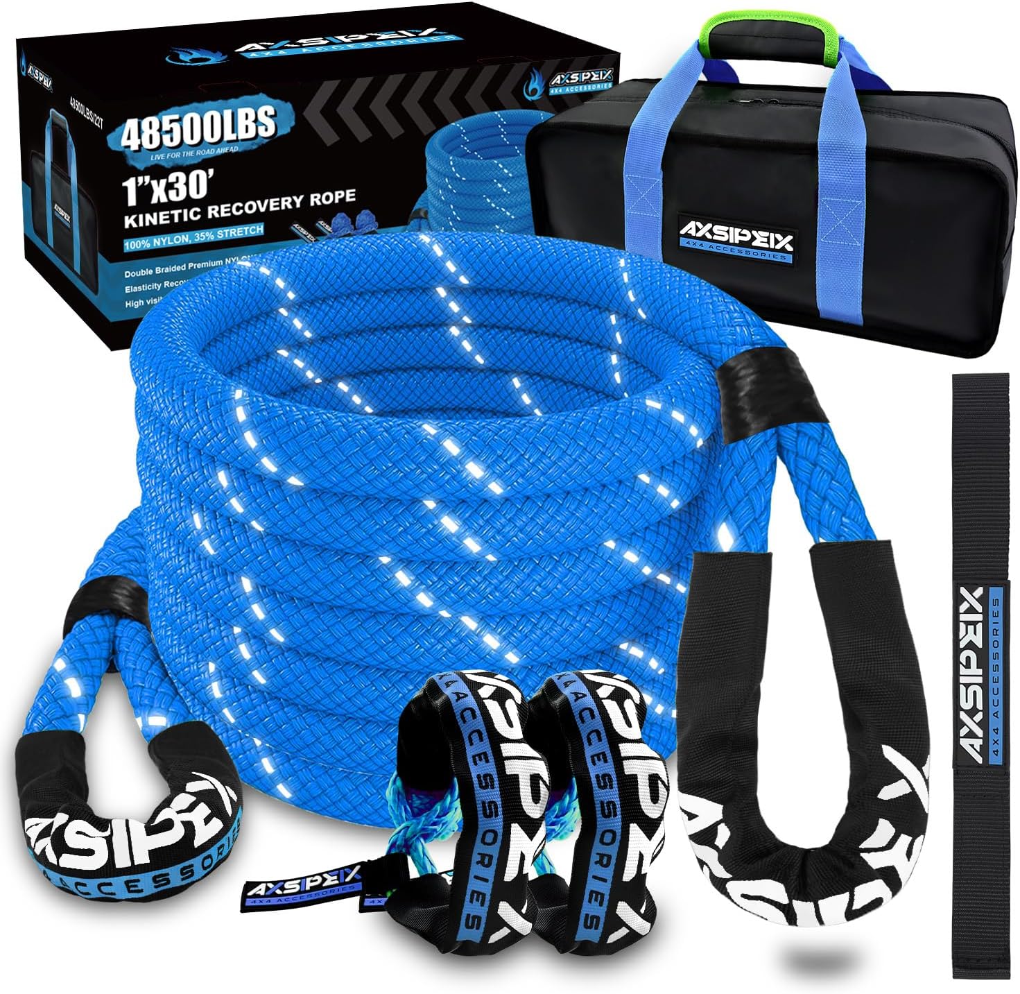 1"×30ft Kinetic Recovery Rope (48,500lbs) Heavy Duty Offroad Recovery ...