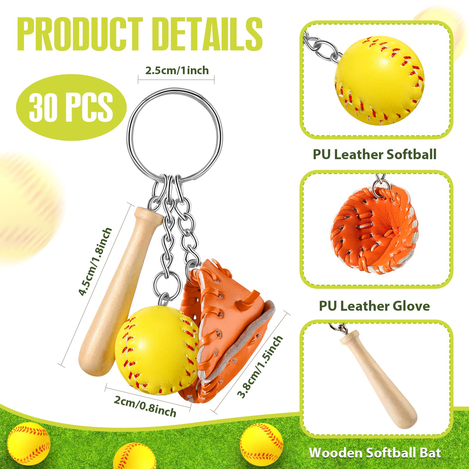 Inbagi 30 Pieces Mini Softball Keychains Wooden Bat Softball Keychain ...