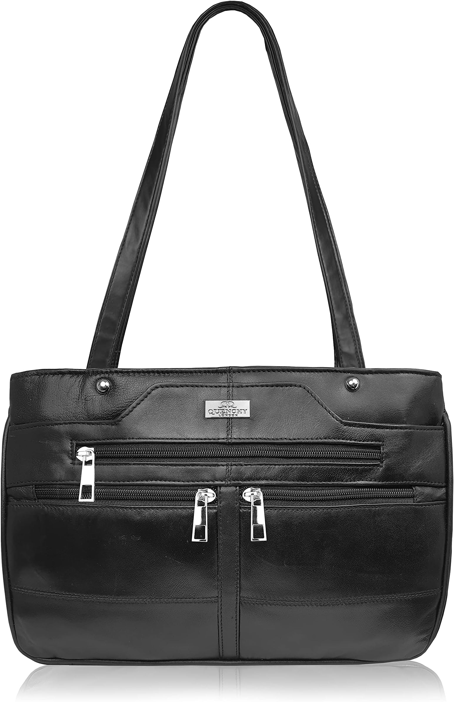 Quenchy London Ladies Black Leather 2 Strap Shoulder Handbag - 5 Zip ...