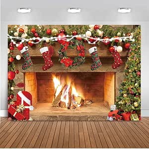 Amazon.com : GCIREC 8x6 ft Christmas Fireplace Backdrop Merry Christmas ...