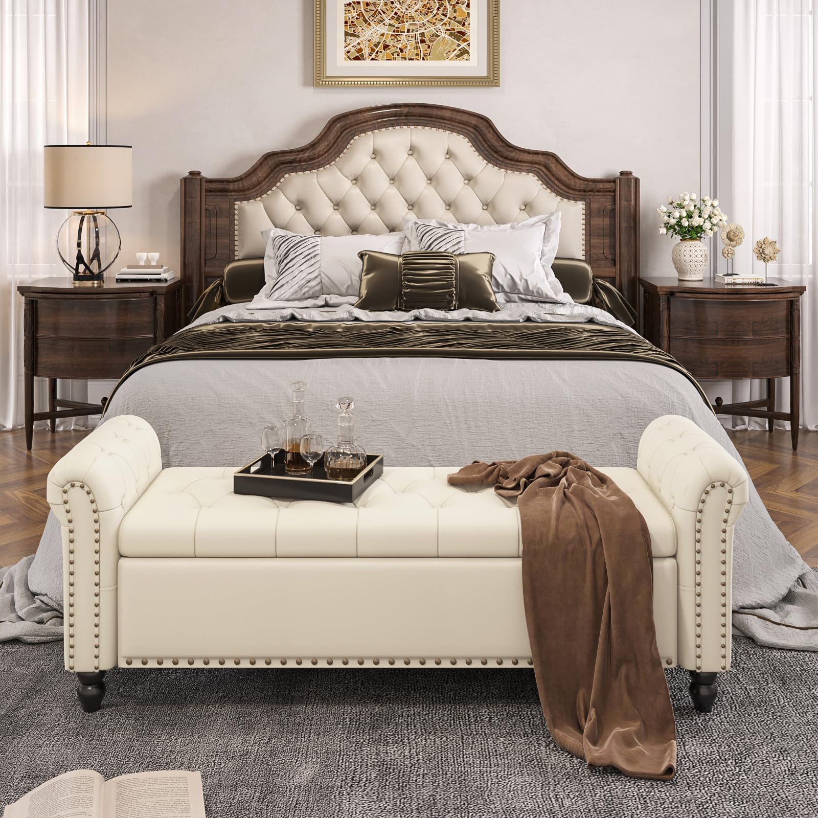 Cream End Of Bed Storage Bench Bedroom Bench ,Velvet Oval Upholstered
