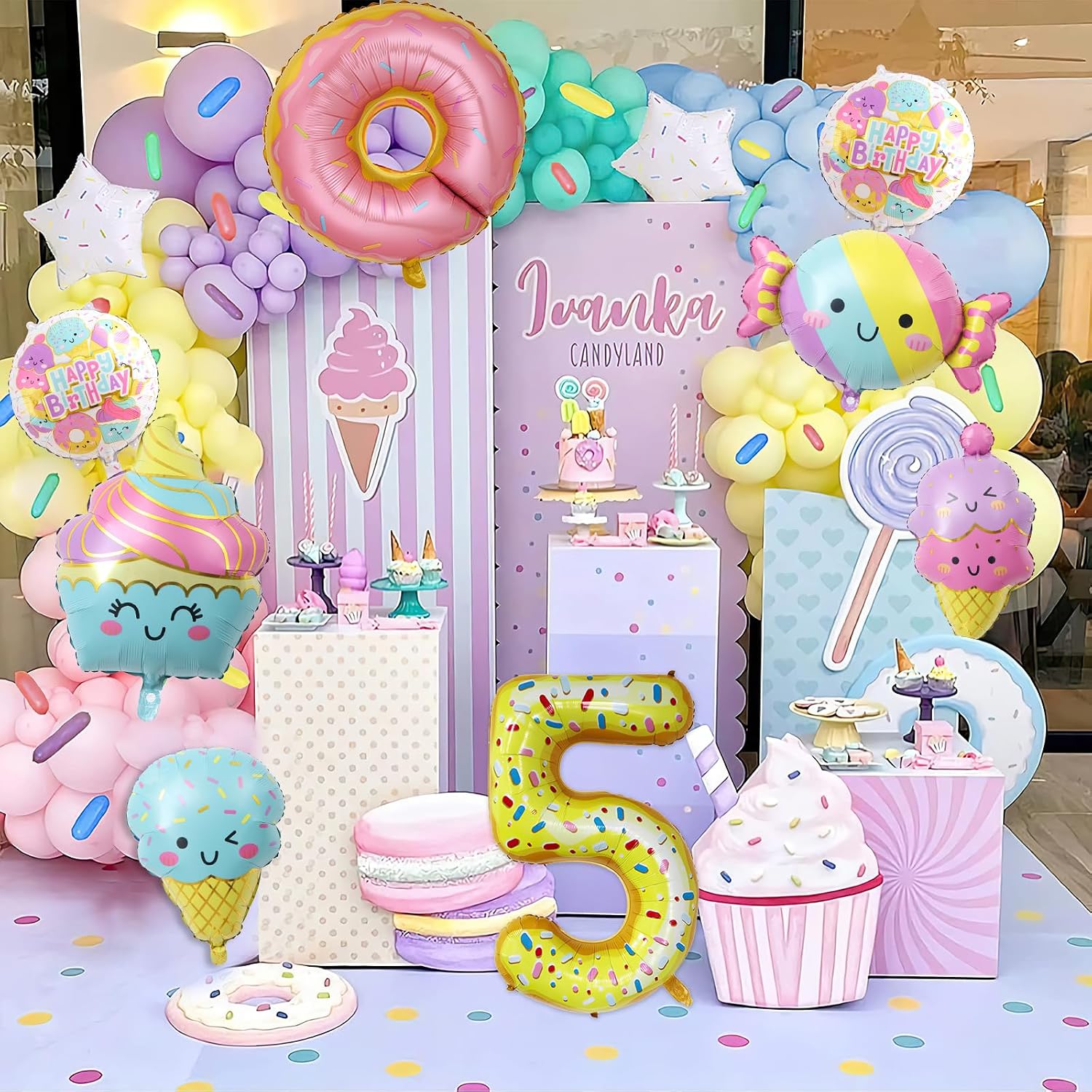 10 globos de helado, dona de helado, caramelo, número de cumpleaños ...