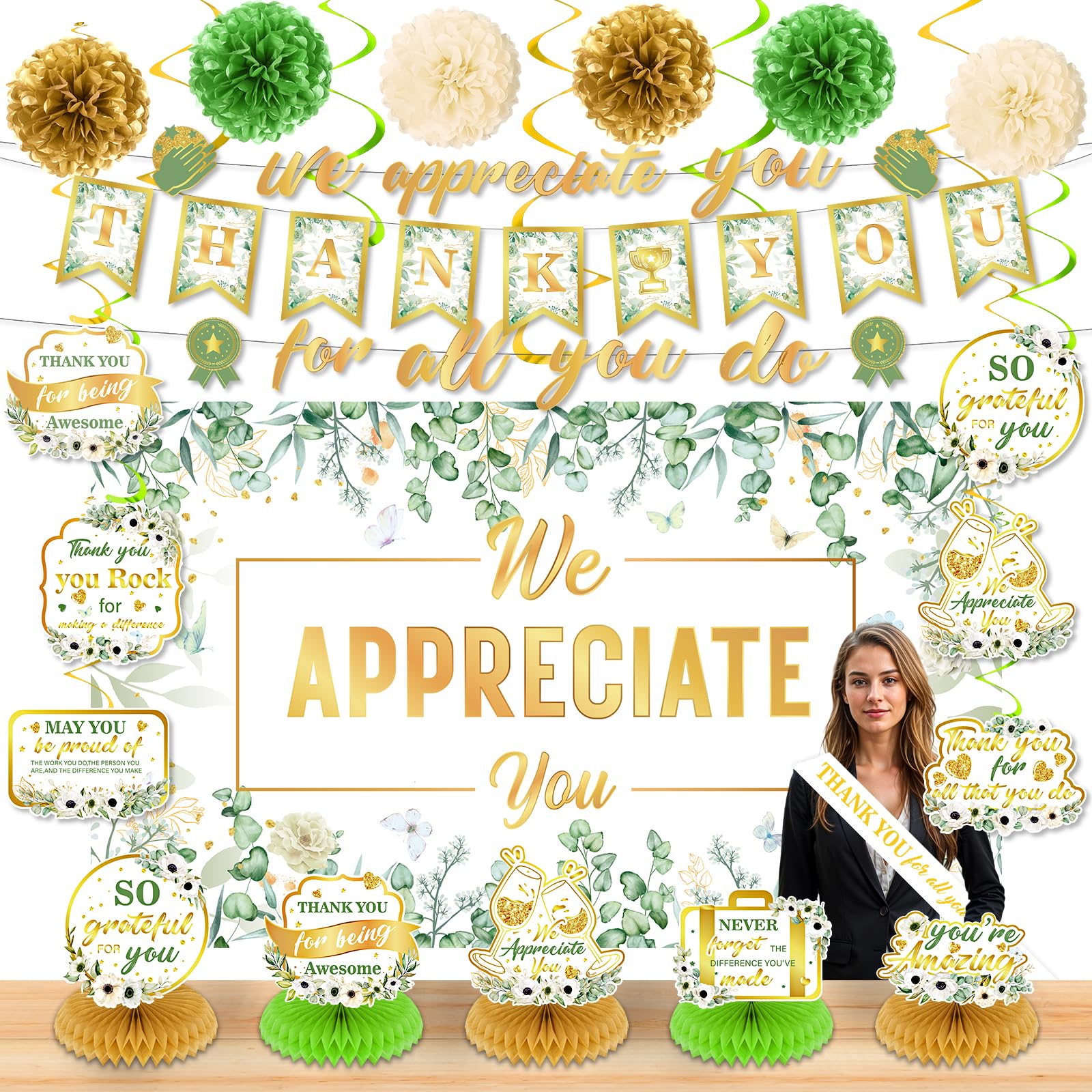 Amazon.com: We Appreciate You Party Decorations Sage Green Gold Thank ...