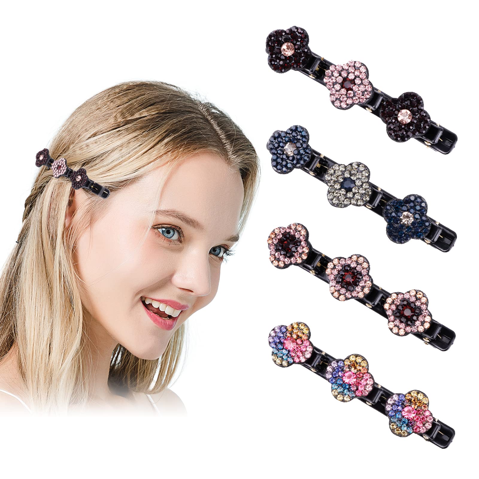 Hair Clips Women Set of 4, Braided Hair Clips Three Flower, Sparkling ...