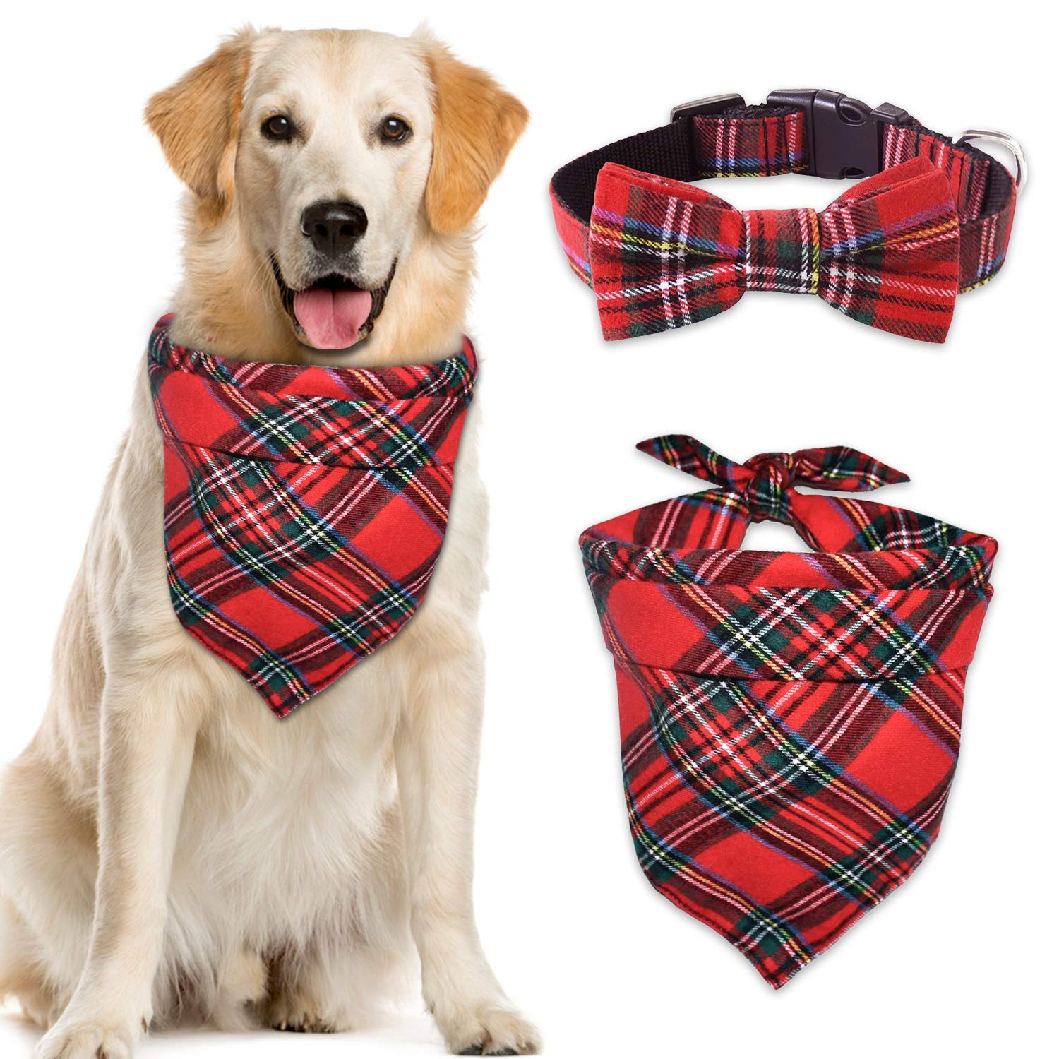 Malier Dog Bandana and Collar, Set Pet Christmas Classic Plaid ...