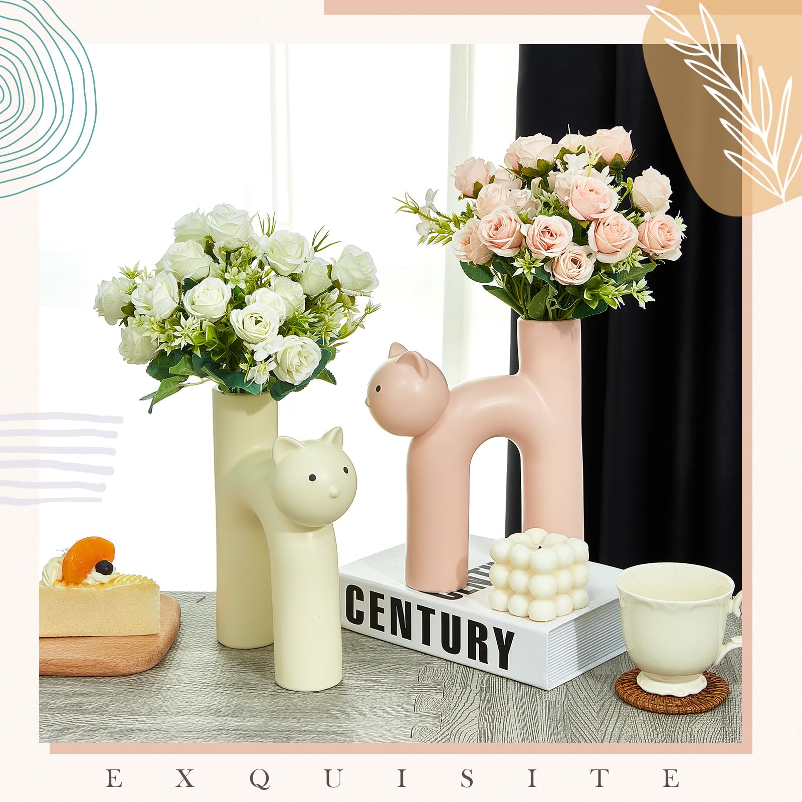 Bokon 2 Pcs Cat Shaped Ceramic Flower Vase Twist Pipe Shaped Cat Vase ...