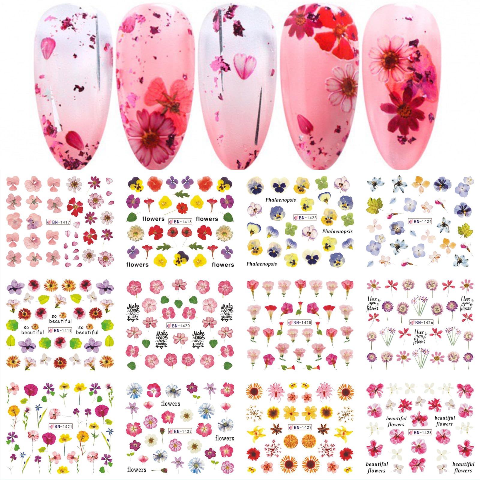 Amazon.com: 12 Sheets Flower Water Transfer Nail Decals Fresh Nail ...