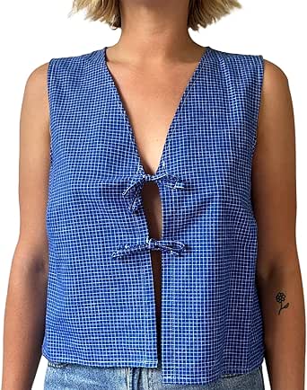 Women Y2k Tie Front Tank Top Sleeveless Open Front Vest Crop Top Summer ...