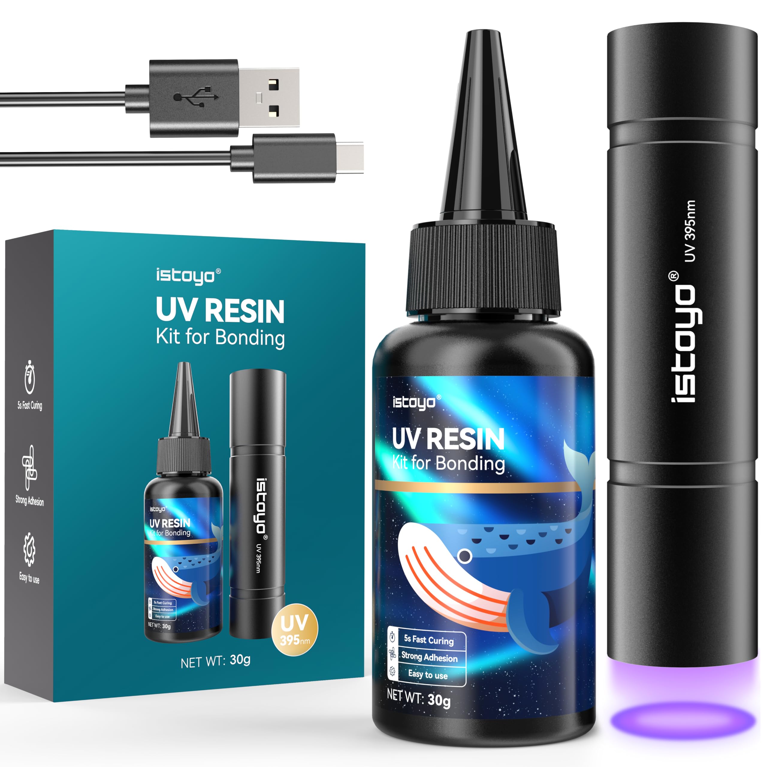 ISTOYO UV Harz Set mit Lampe, 30g UV Harz mit Wiederaufladbarer UV Taschenlampe 395NM, Schnelle ...