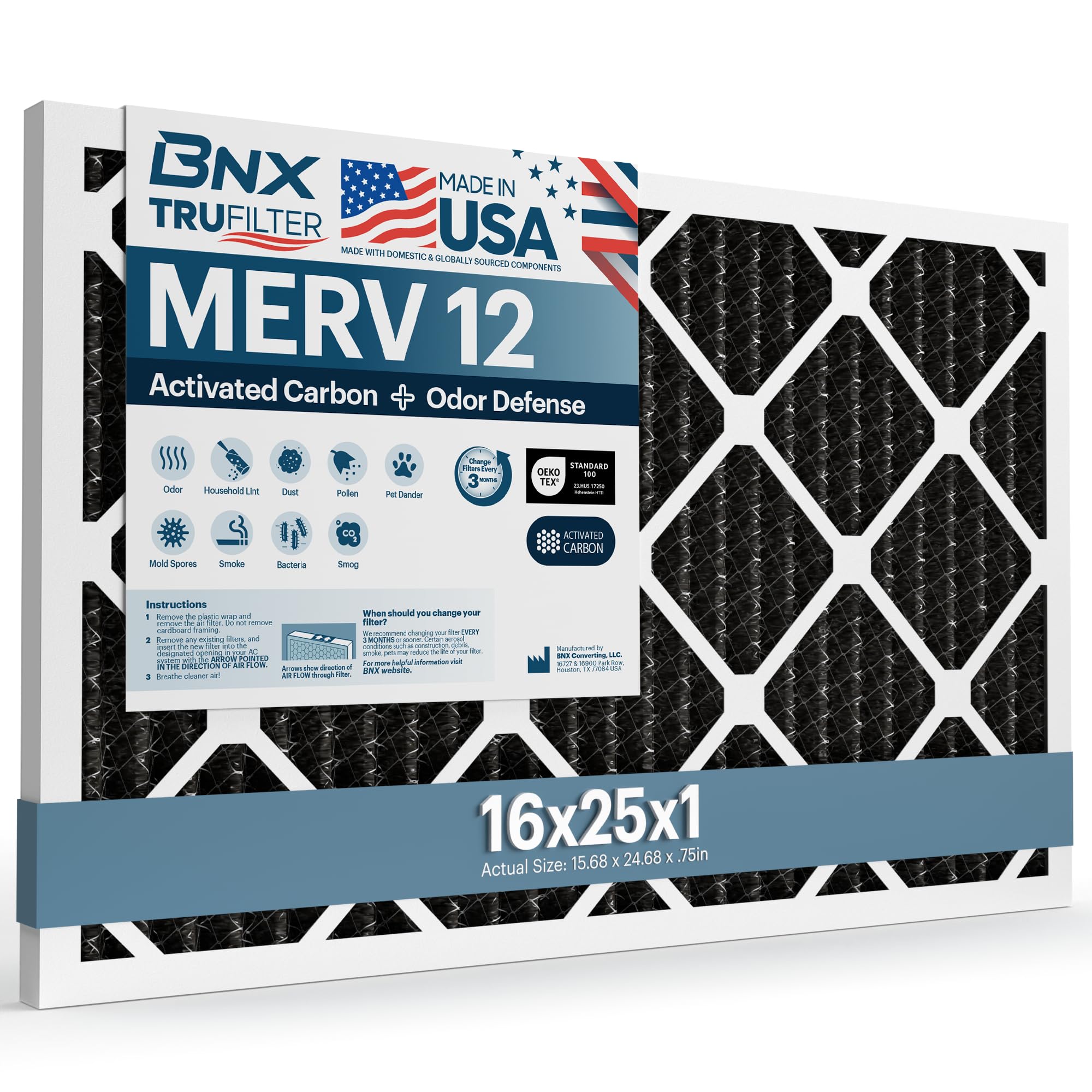 BNX TruFilter 16x25x1 MERV 12 Odor Defense (1-Pack) AC Furnace Air ...