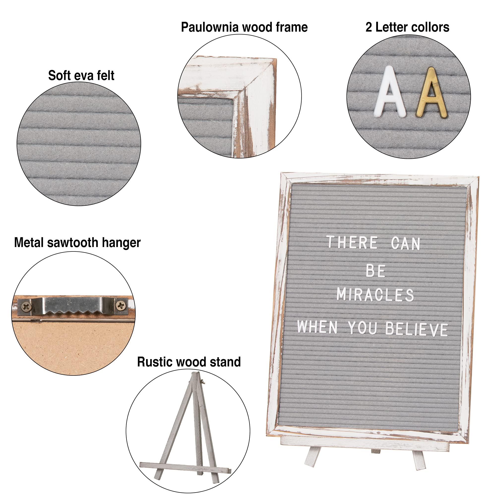 Felt Letter Board with Rustic Vintage Frame and Stand 12x16 inch,Grey ...