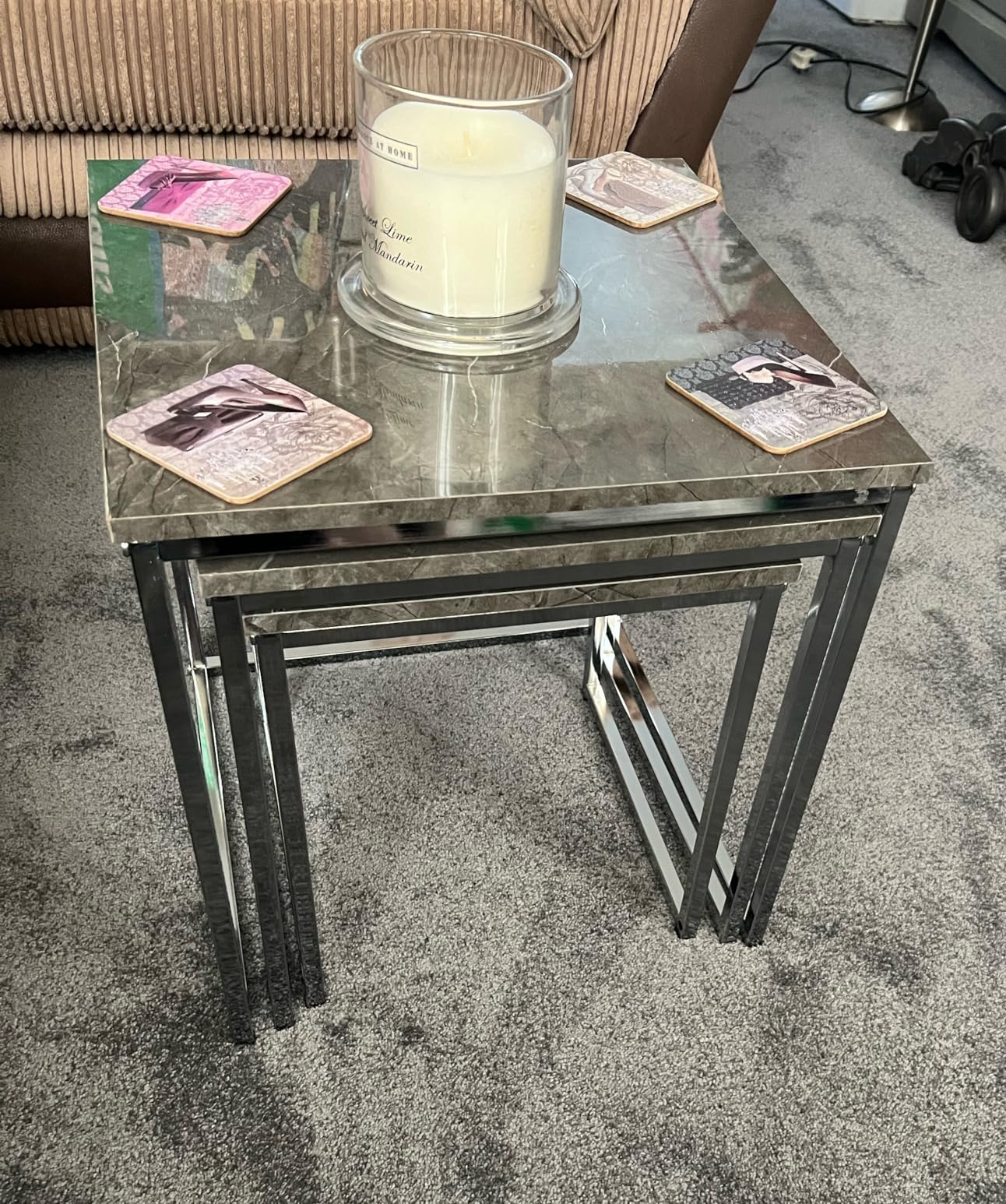 nozama Marble Nest of Tables Set of 3,Grey Gloss Nesting Tables,Sofa End Side Coffee Table for ...