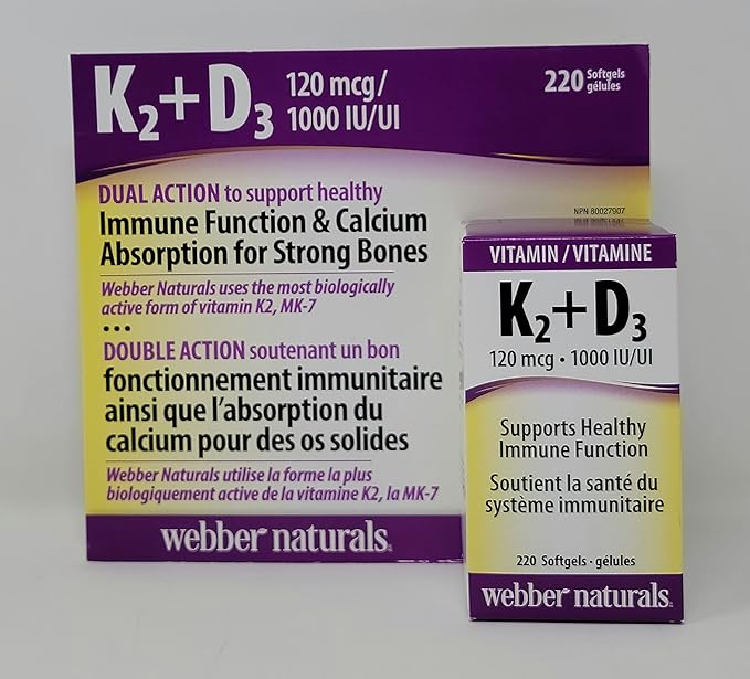 Webber Naturals K2 + D3 120 mcg/1000 IU, Supports Healthy Immune Function - 220 softgels ...