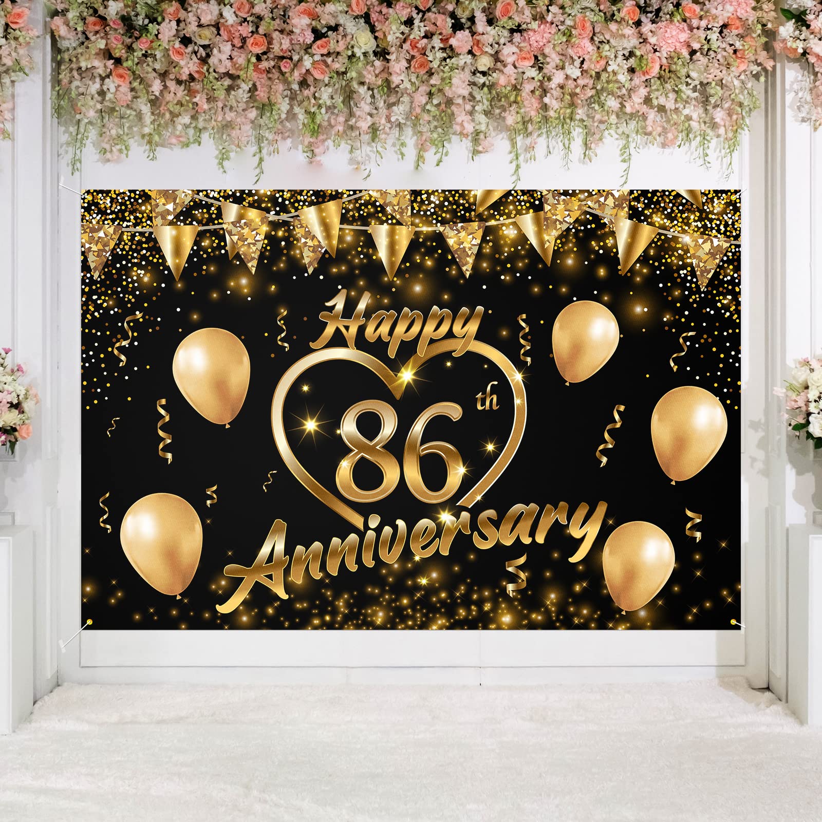 Amazon.com: Happy 86th Anniversary Backdrop Banner Decor Black Gold ...