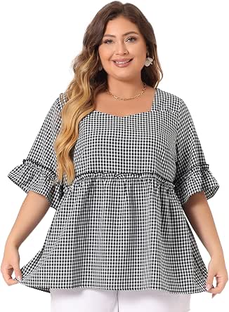 Agnes Orinda Women Plus Size Gingham Tops Sweetheart Neck Ruffle Sleeve ...