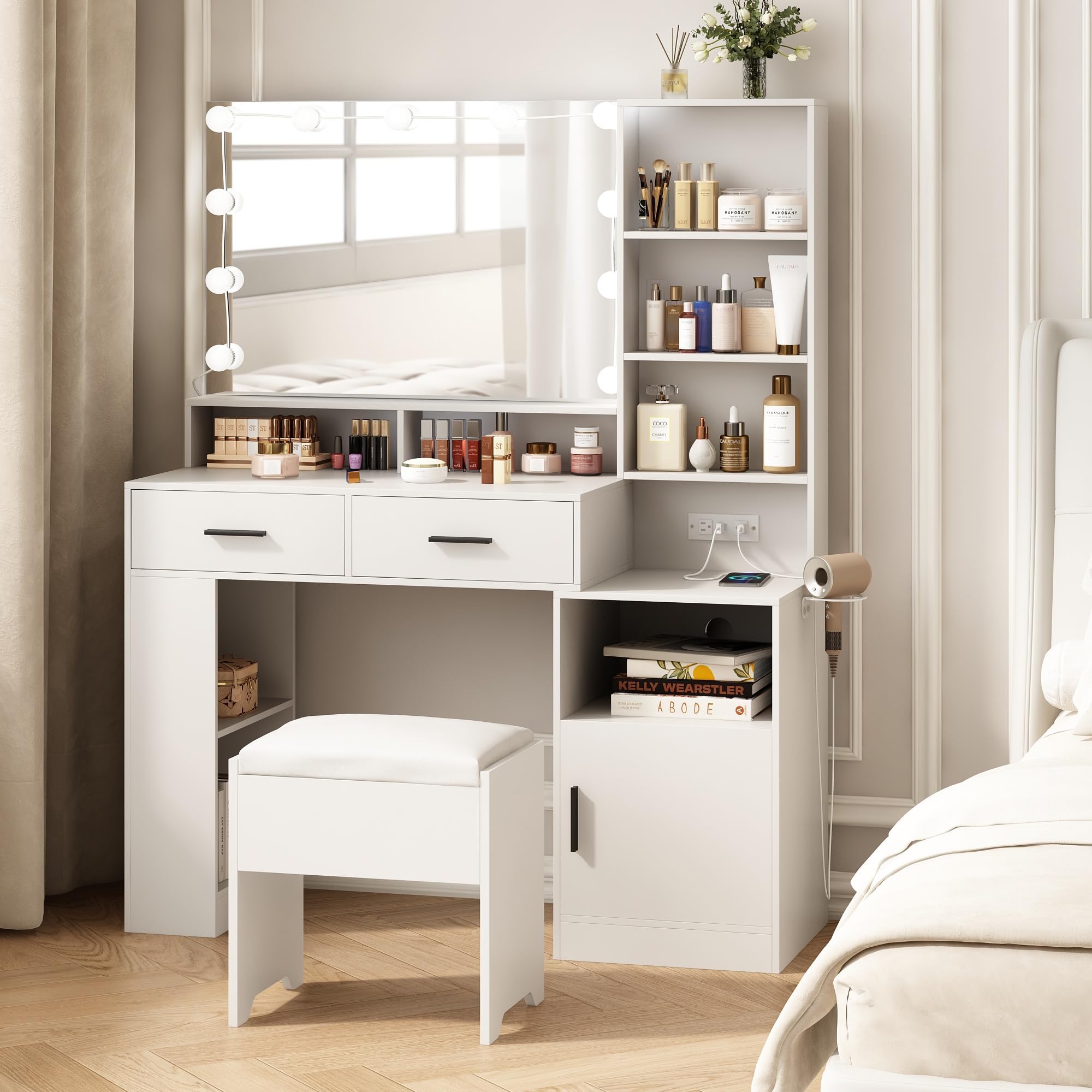 Amazon.com: Vabches Makeup Vanity Desk with Mirror and Lights, White ...