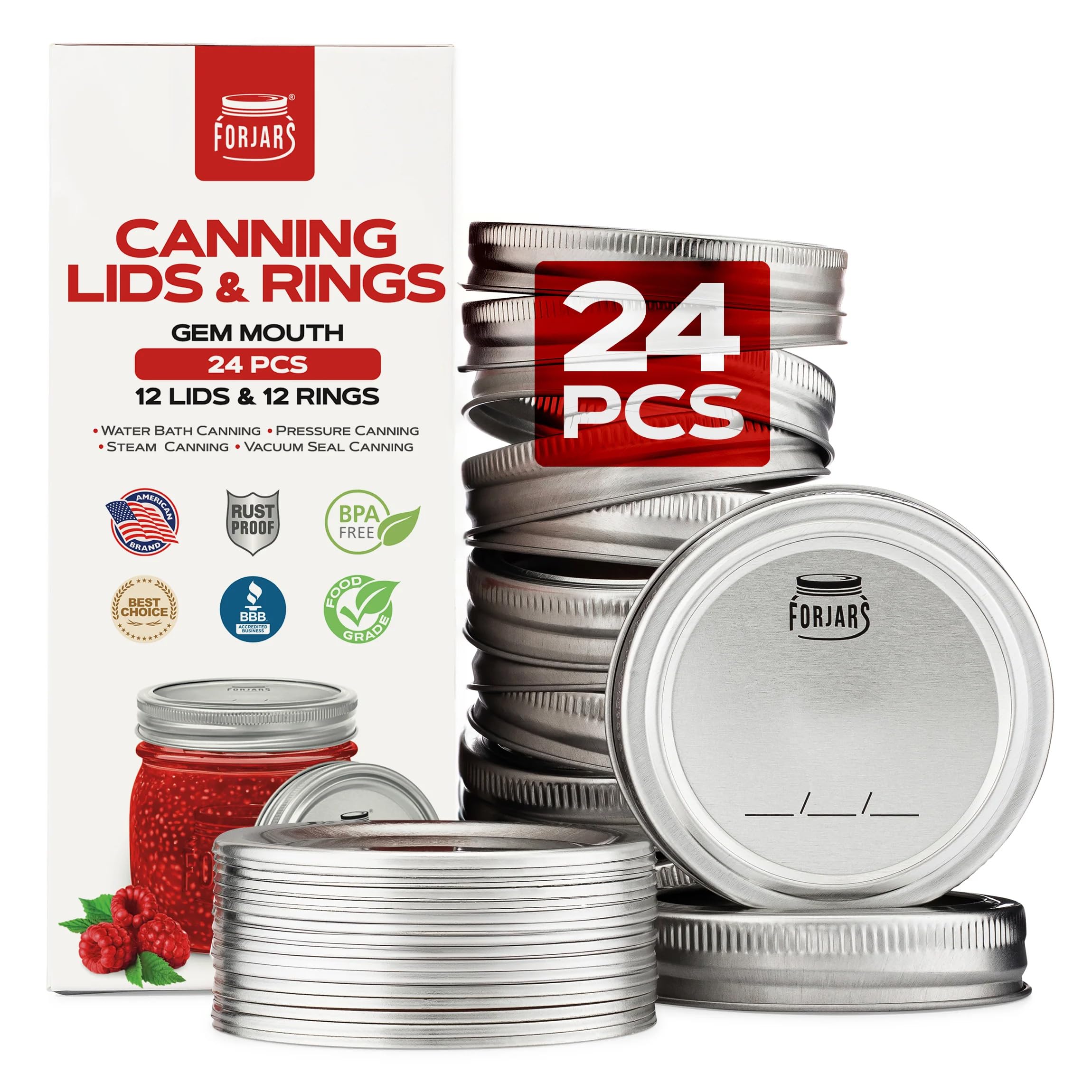 FORJARS Gem Mouth Canning Lids and Rings – 24 Pcs / 12 Sets - Airtight ...