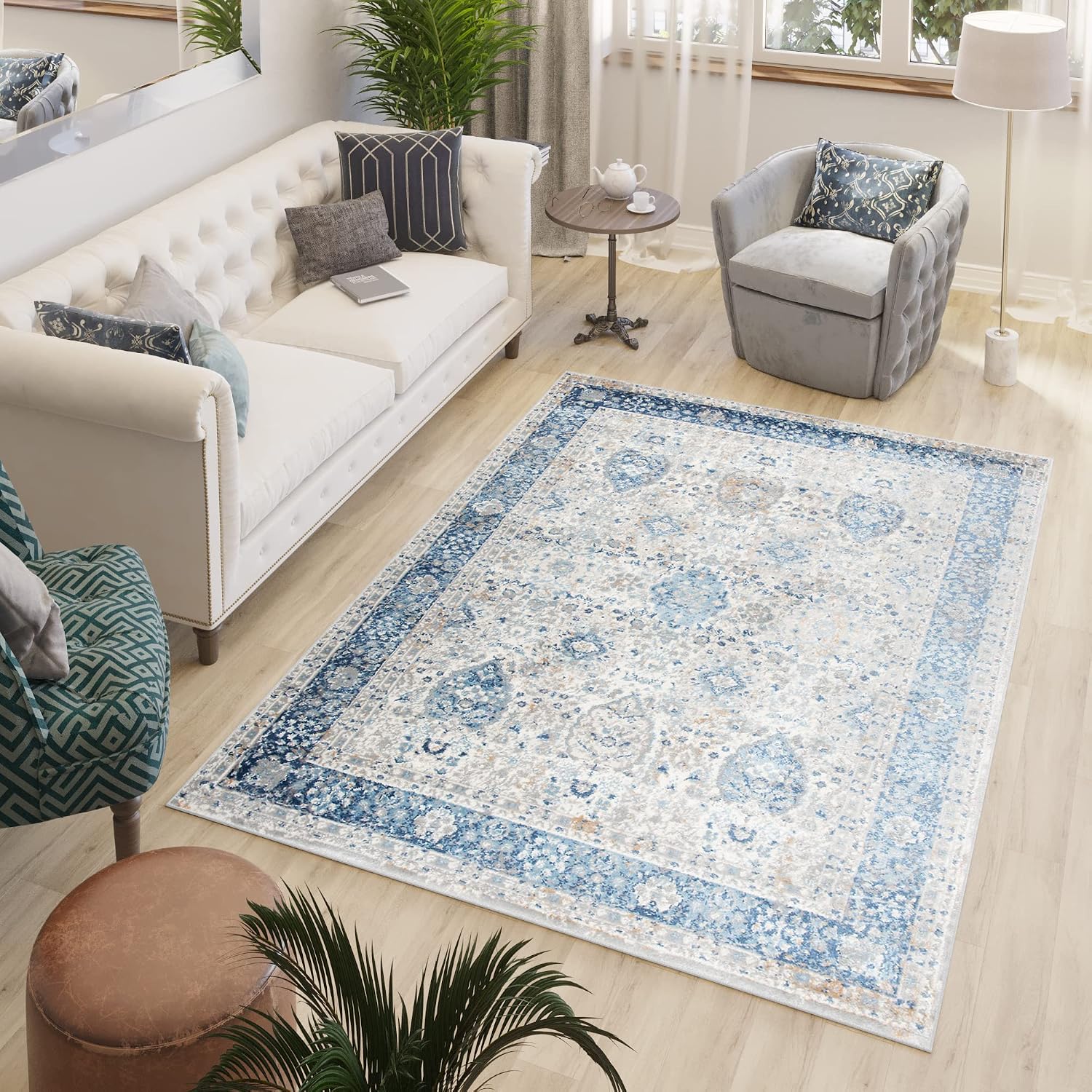 Amazon.com: TAPISO Valley Area Rug Blue Grey Floral Ornaments Frame ...