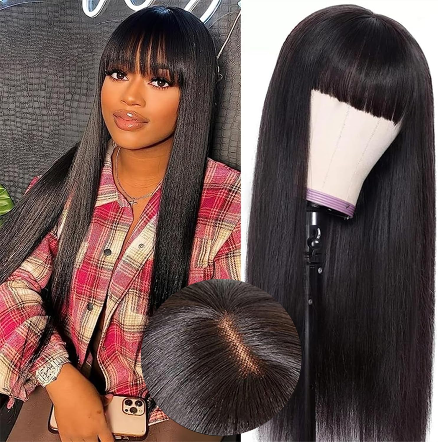 Amazon.com : LOVFIR Bang Wig Human Hair Upgrade 2x1 HD Lace Straight ...